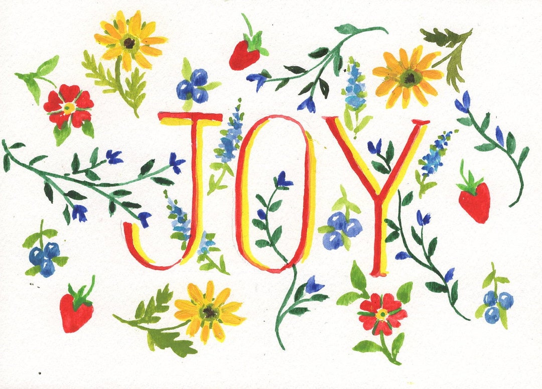 Joy Painting, Folk Art Floral, 5x7 Inch Original Watercolor Painting ...