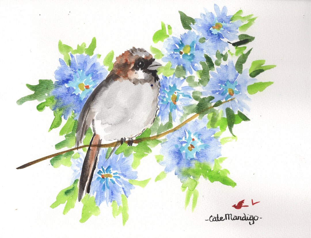 Sweet Sparrow in Soft Blue Flowers Original Watercolor Painting, 9x12 ...