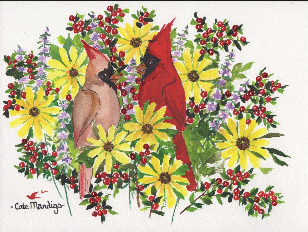 Cardinal Mates in the Wildflower Meadow Painting, 9x12 Inch Original ...