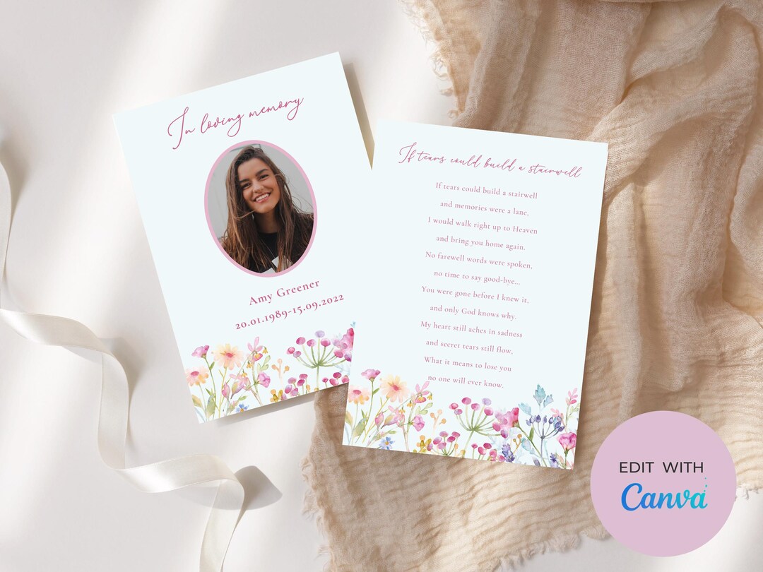 Elegant Floral Memorial Prayer Card, Funeral Card, Personalize Funereal ...