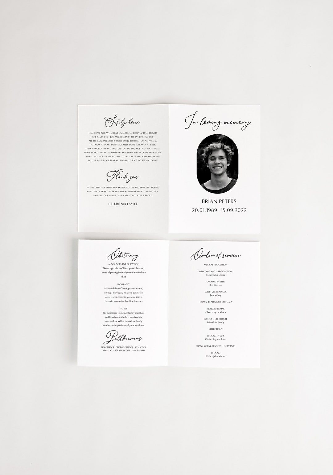 Minimalist Funeral Program, Printable Memorial Program, Editable ...