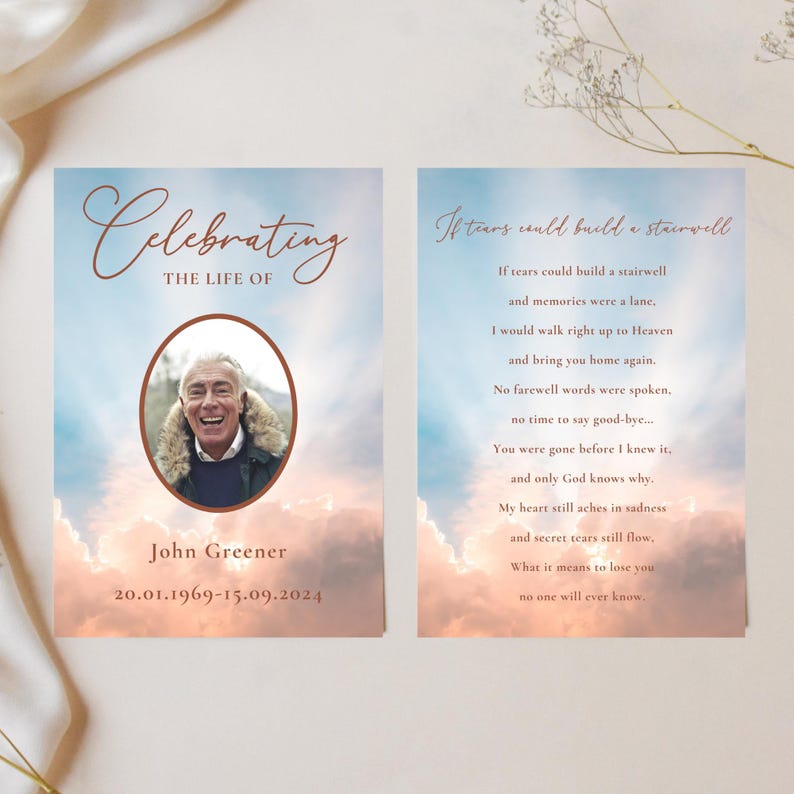 Mens Memorial Funeral Prayer Card Printable Card Prayer Template Prayer ...