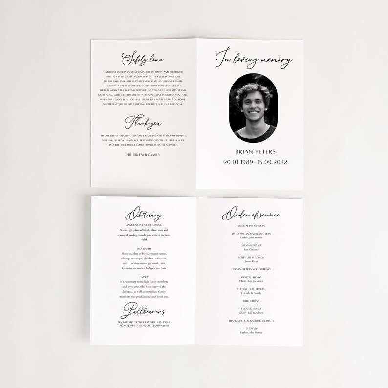 Men's Memorial Funeral Programe Printable Memorial Funeral Program Template Memorial Program ...