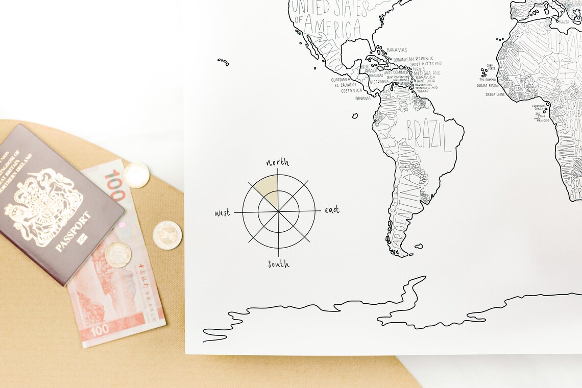 Mapa mundial con países con letras a mano. Planificador de - Etsy España