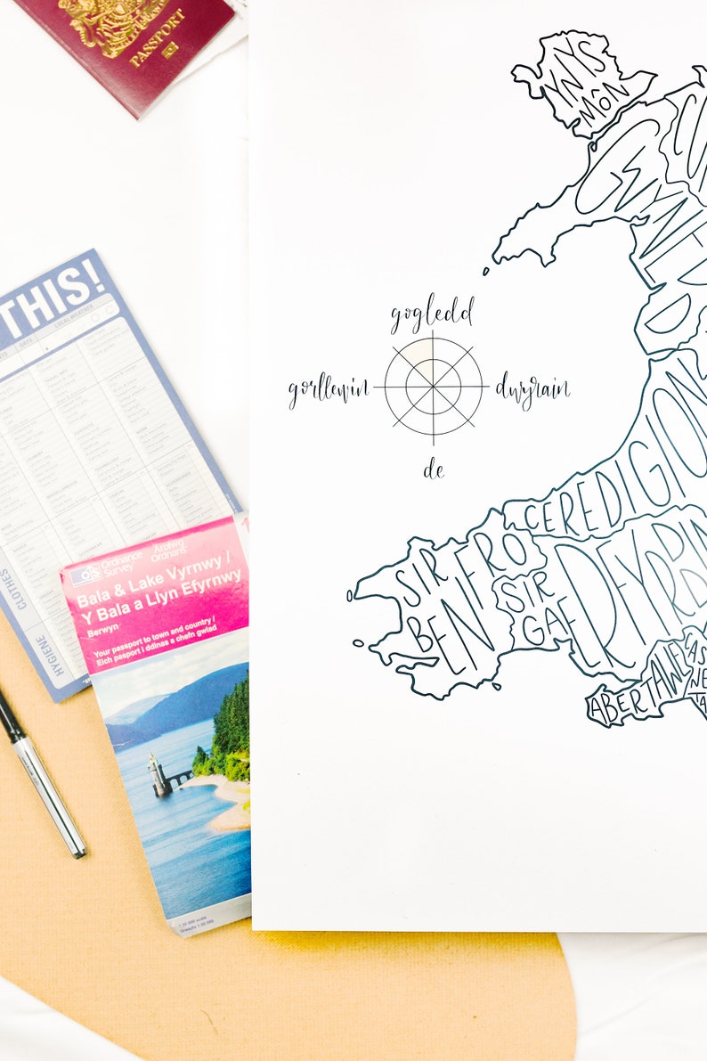 Map of Wales. Map O Gymru. Hand Lettered Wales Map With Welsh County ...