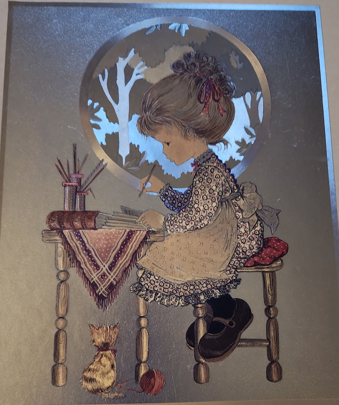 Hand Drawn 80's Sarah Kay W/cat Vivien Kubos Silver Dufex Foil Art ...