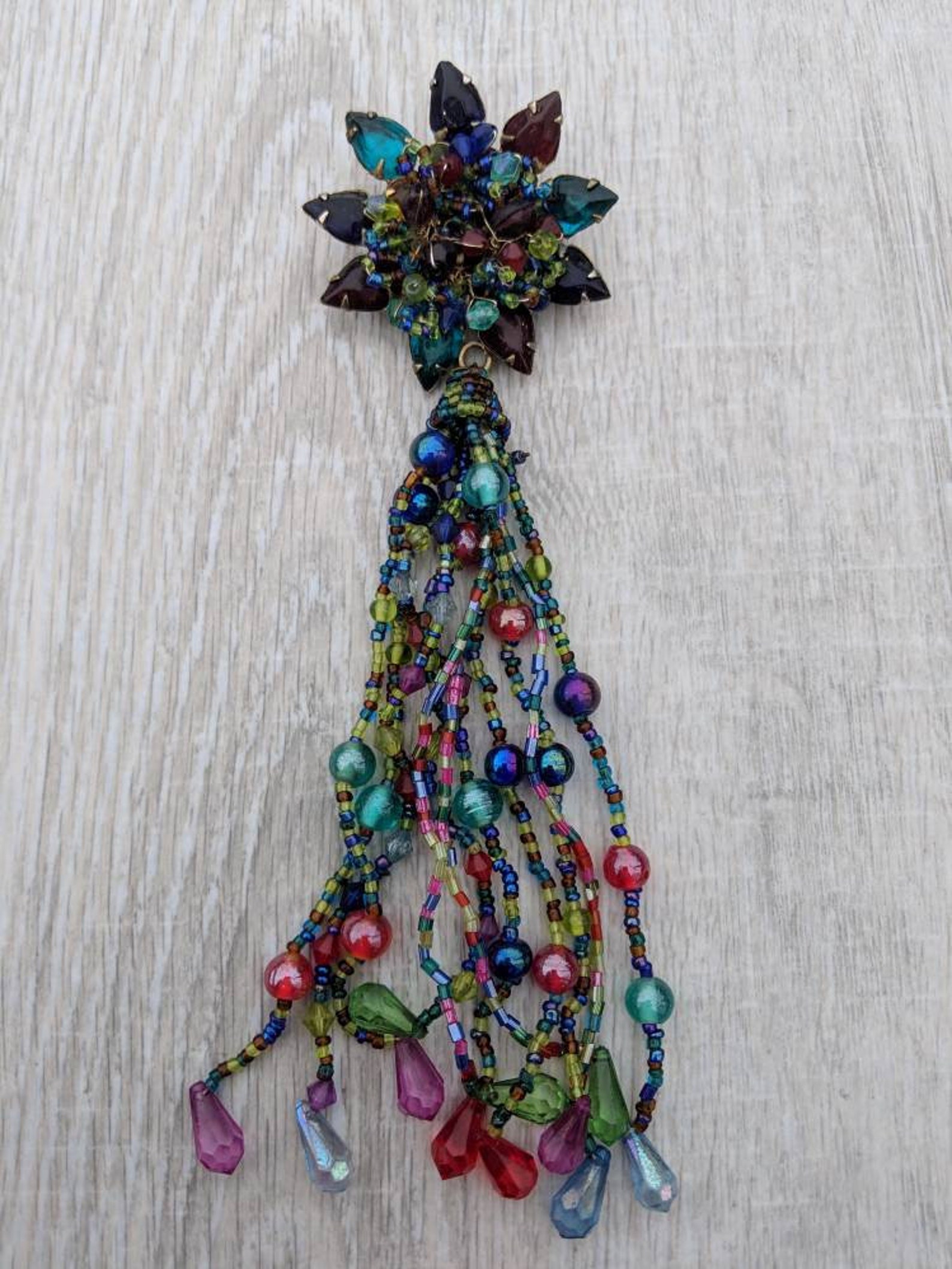 Large Rainbow Colored Rhinestone and Bead Starburst Tassel Dangle ...
