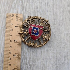 Red and Blue Enamel and Gold Tone Heraldic Coat of Arms Shield Brooch ...