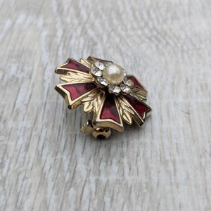 Small Midcentury Heraldic Ruby Red Enamel, Rhinestone, Faux Pearl, and ...