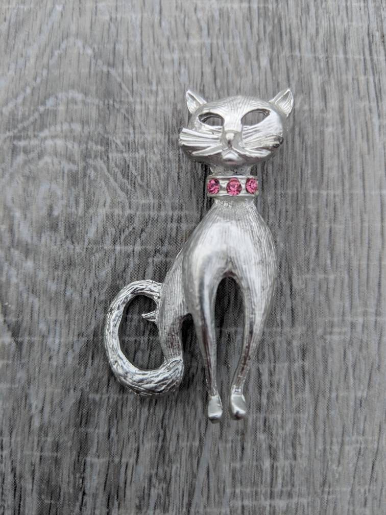 Midcentury Icy Silver Tone Siamese Cat With Pink Rhinestone - Etsy