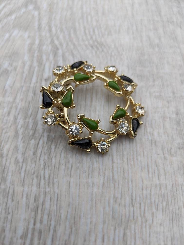 Olive Green and Black Resin Clear Rhinestones and Gold Tone - Etsy