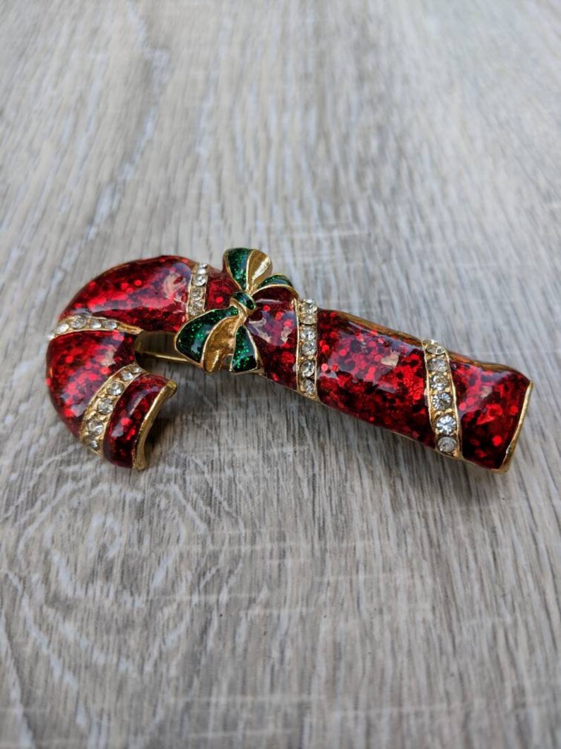 Sparkling Red Enamel and Clear Rhinestone Candy Cane Brooch - Etsy