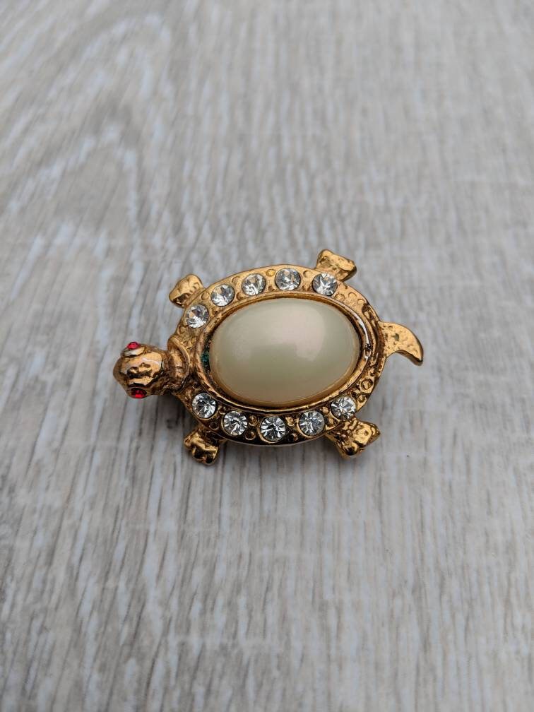 Rhinestone and Pearly Cabochon Turtle Brooch | Etsy