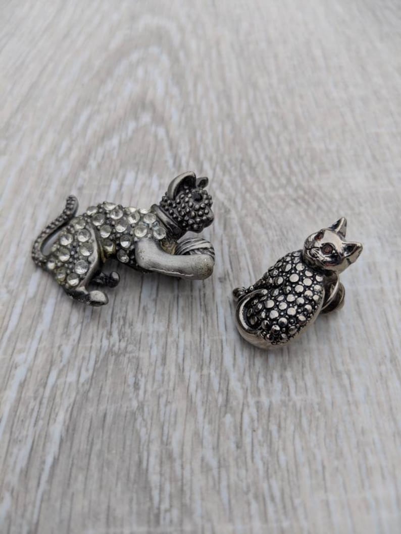 Pair of Rhinestone and Silver Tone Cat Brooches | Etsy