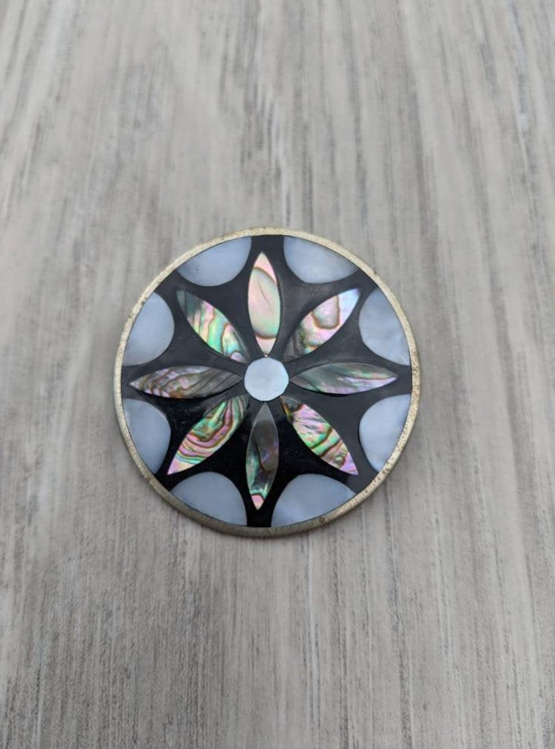 Mexico Abalone Shell, Mother of Pearl, Black Enamel, and Alpaca Floral ...