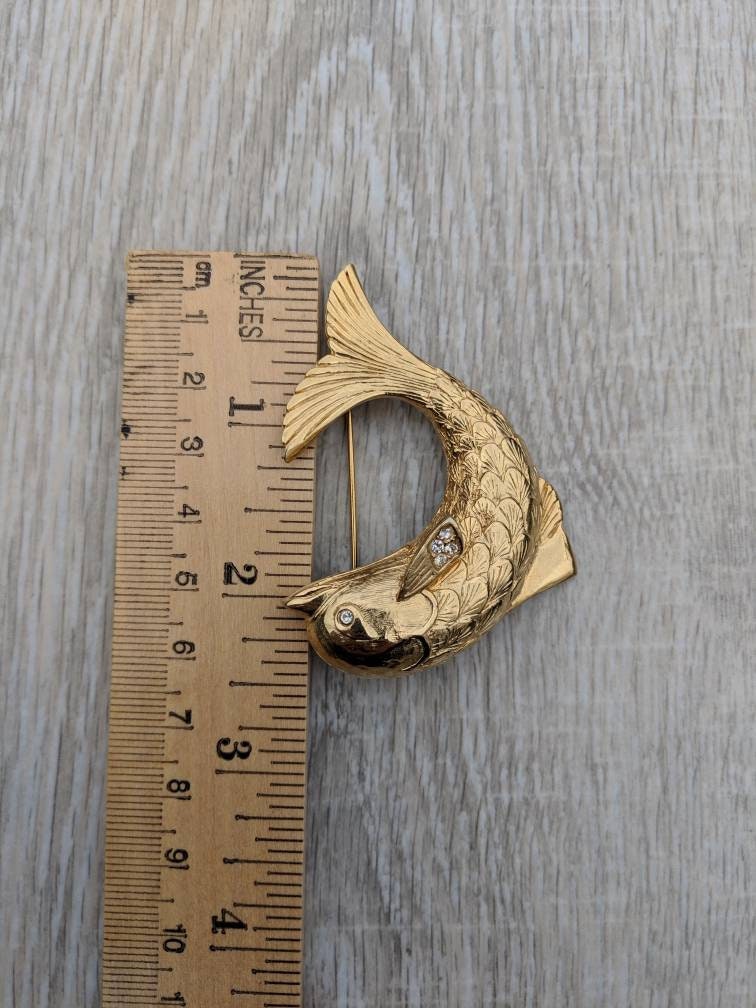 Rhinestone and Gold Tone Leaping Fish Brooch | Etsy