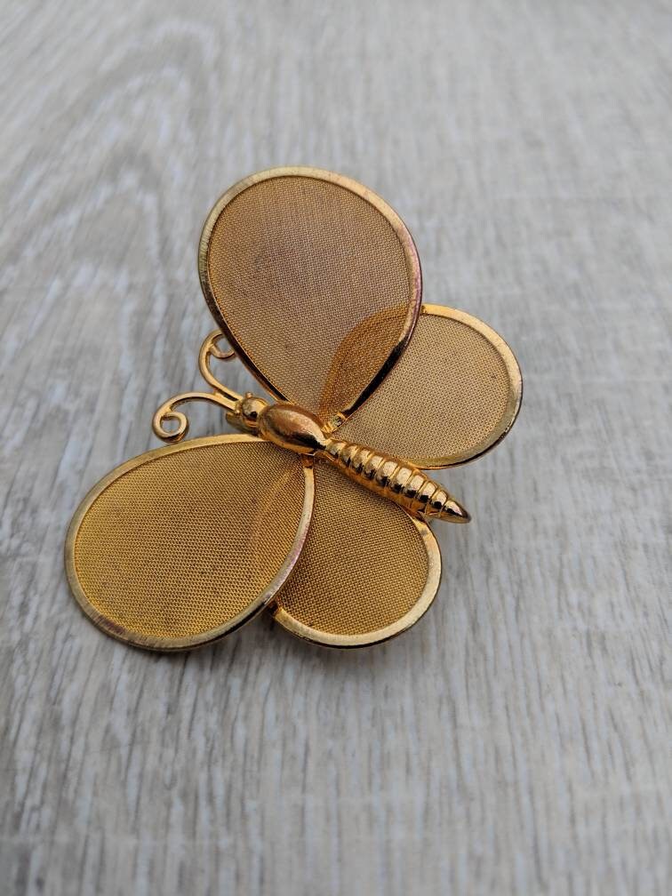 Gold Tone Butterfly with Tiered Mesh Wings Brooch | Etsy