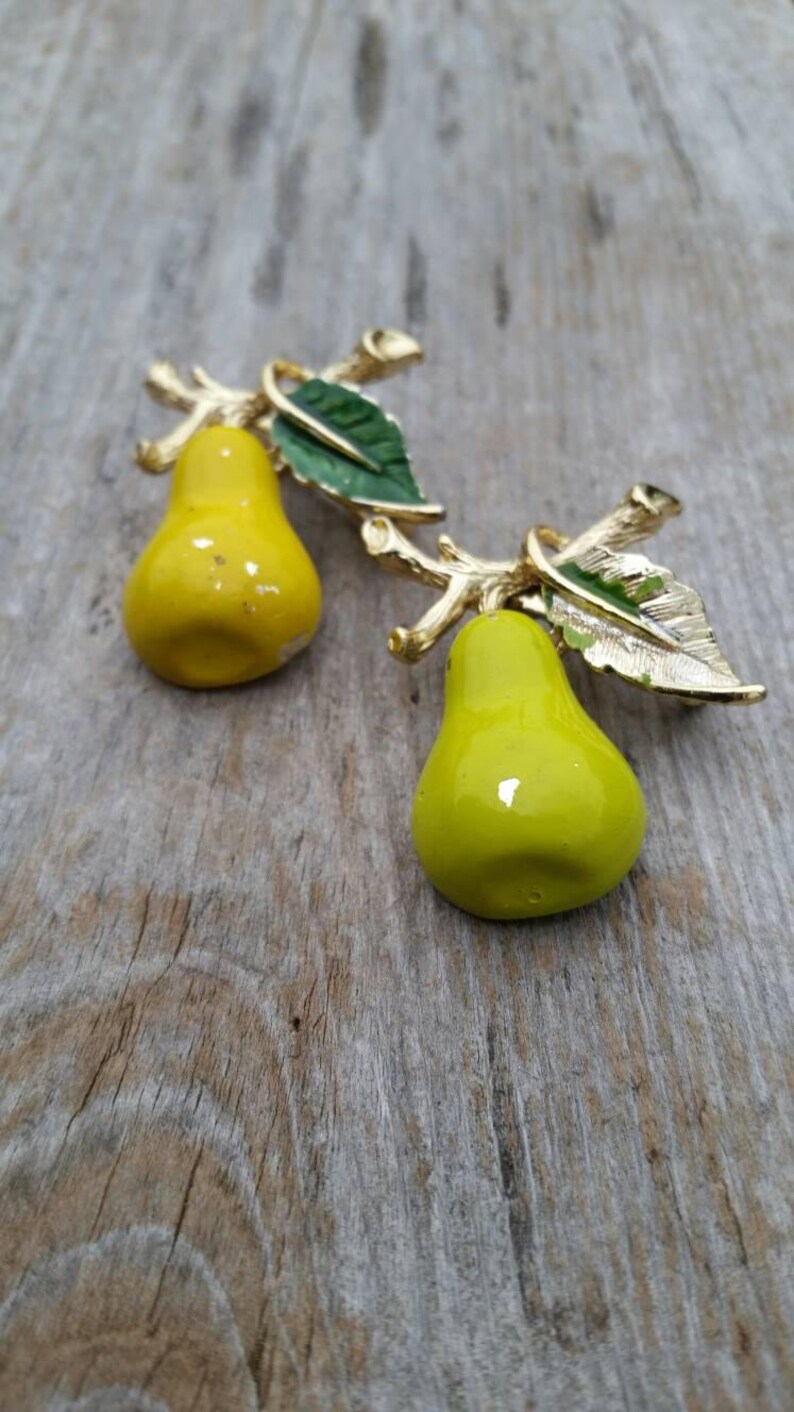 Pair of Gerry's Green and Yellow Enamel Pear Brooches - Etsy
