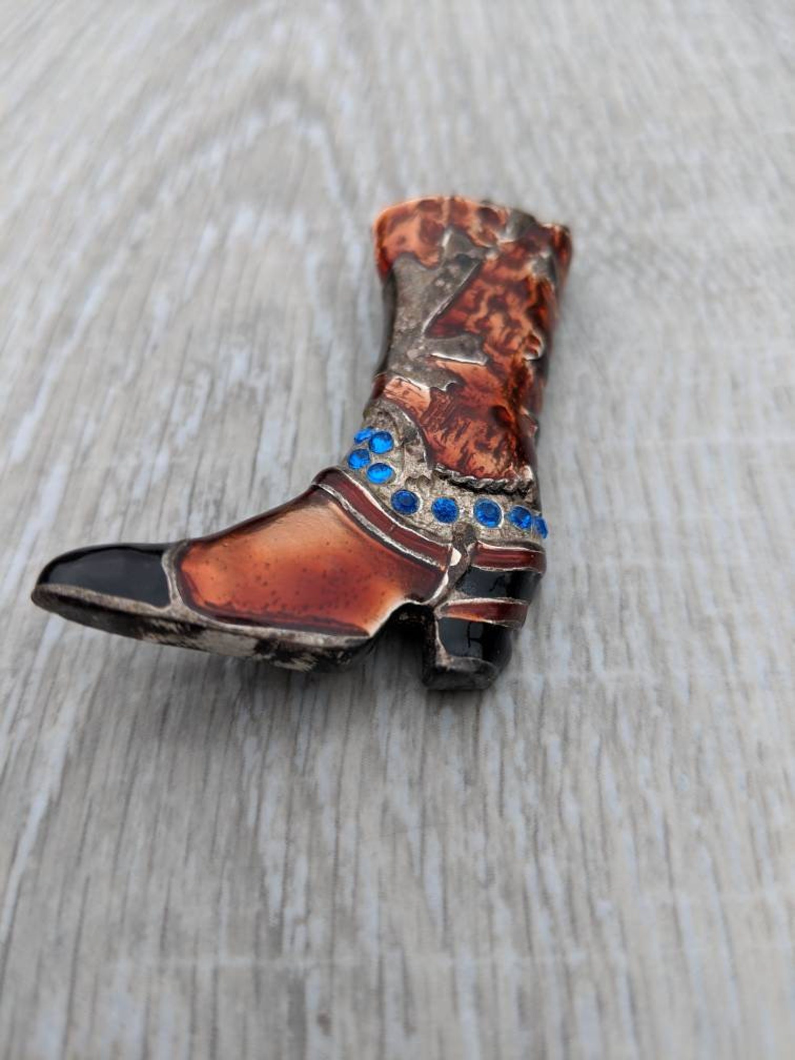 Brown and Black Enamel and Blue Rhinestone Cowboy Boot Brooch - Etsy