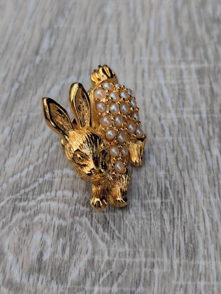 Avon Gold Tone and Faux Seed Pearl Rabbit Lapel Pin | Etsy