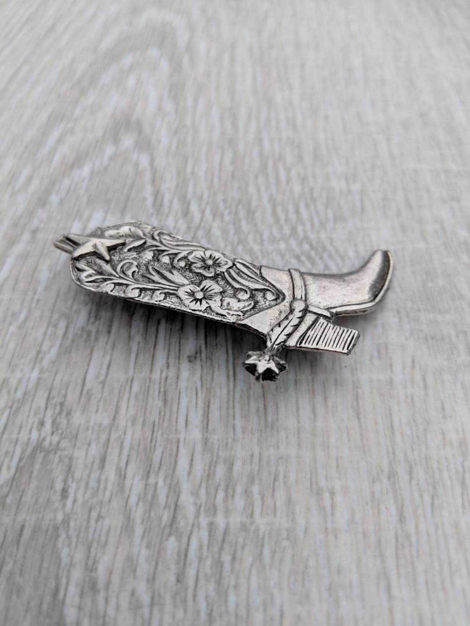 Silver Tone Western Boot With Flowers and Star Design Brooch | Etsy