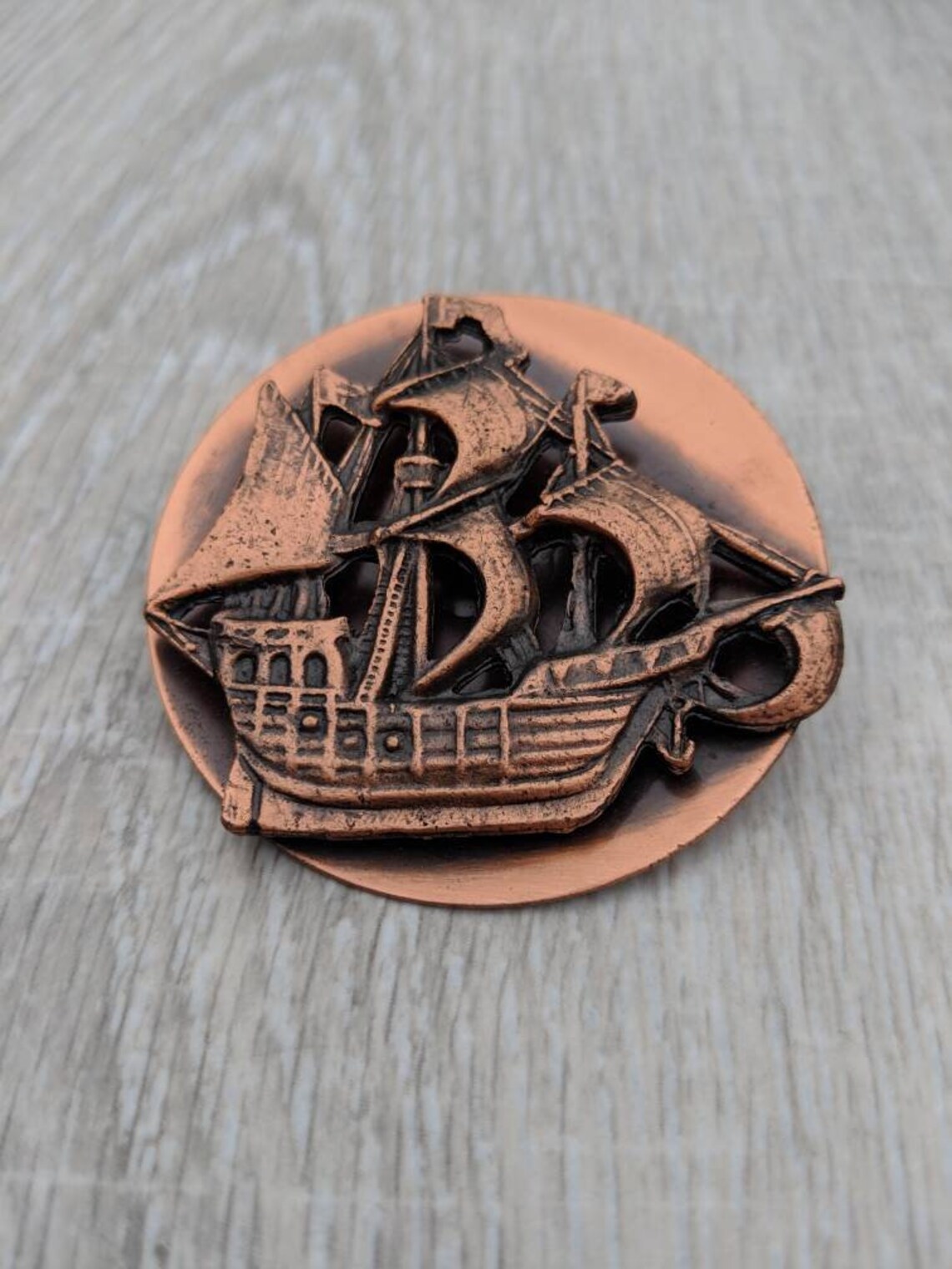 Copper Disc Brooch With Raised Full-rigged Ship Brooch | Etsy