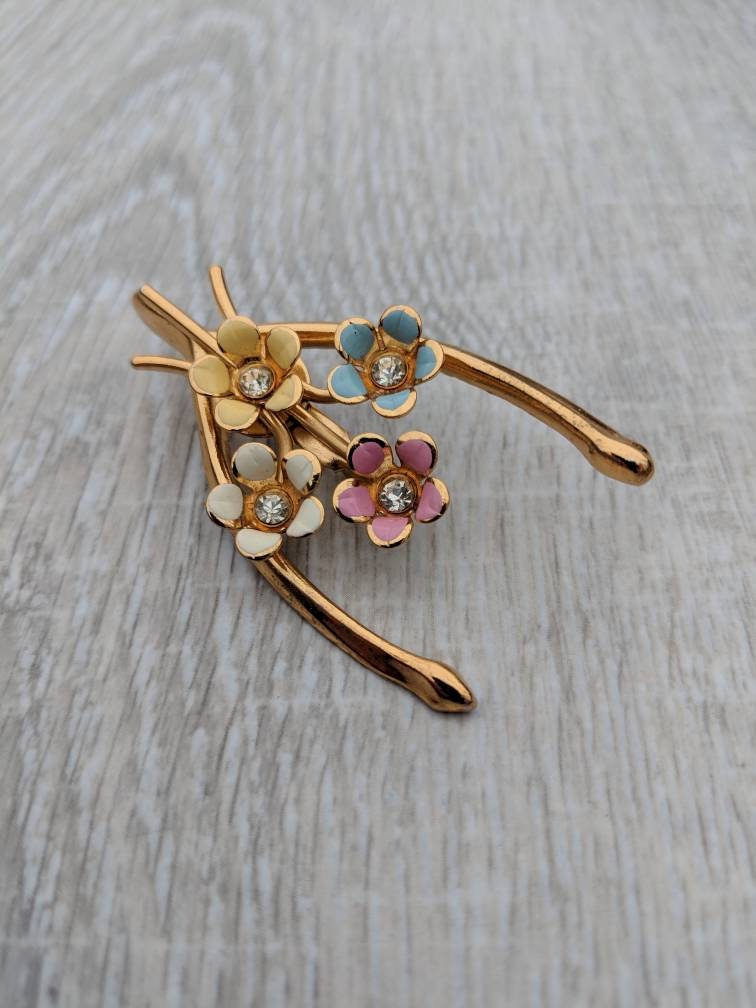 Gold Tone Wishbone With Pastel Enamel and Rhinestone Flowers - Etsy