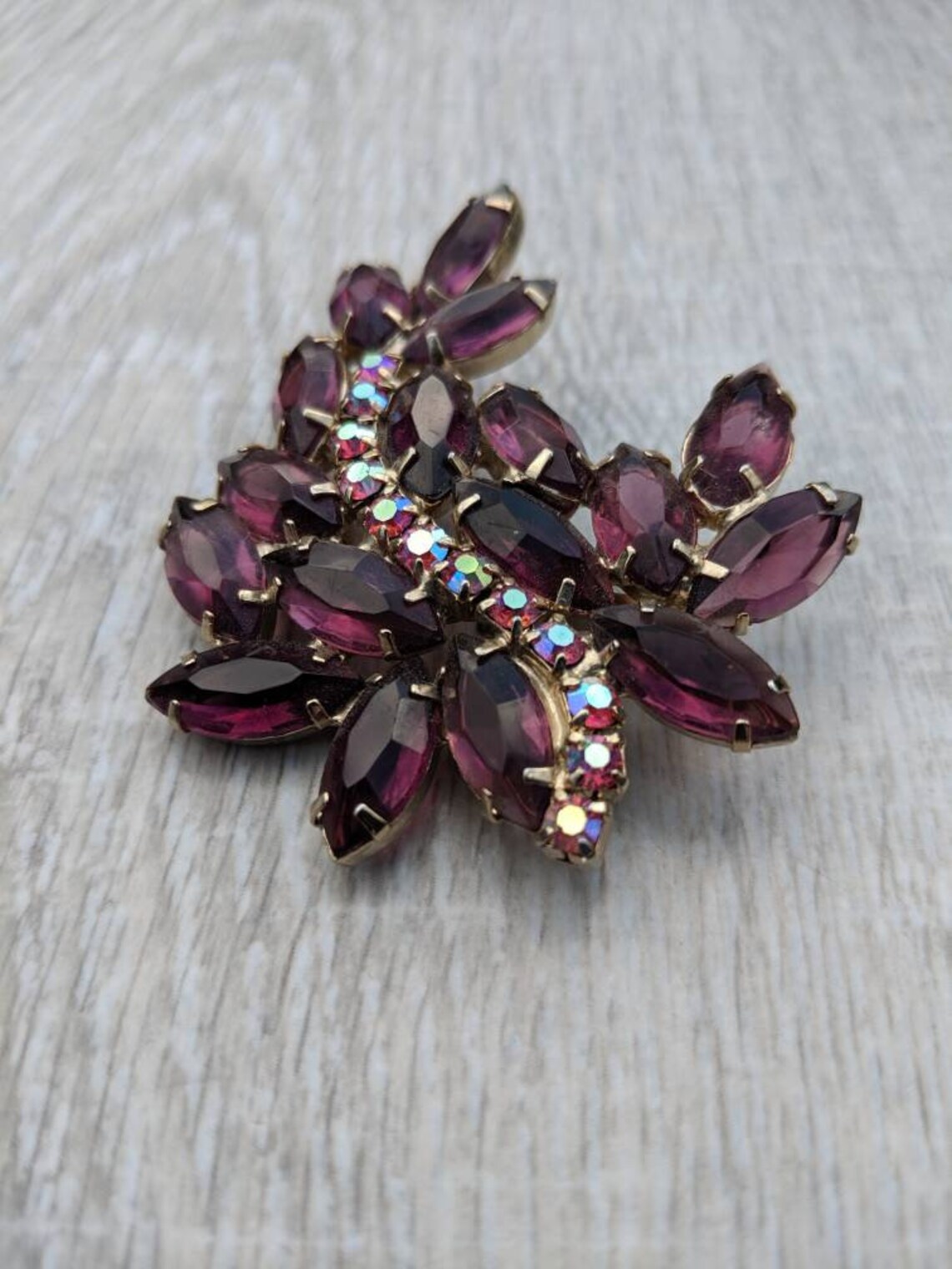 Aurora Borealis and Purple Rhinestone Leafy Branch Brooch | Etsy