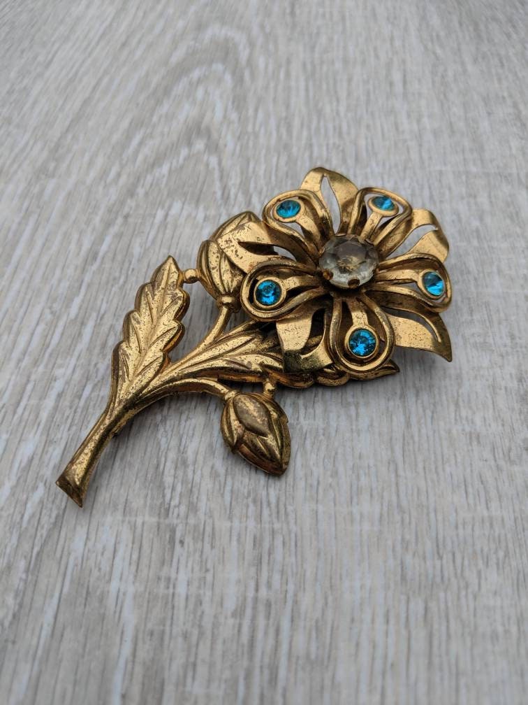 Large 1940s Repoussé Style Bright Teal and Clear Rhinestone | Etsy