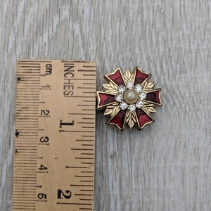Small Midcentury Heraldic Ruby Red Enamel, Rhinestone, Faux Pearl, and ...