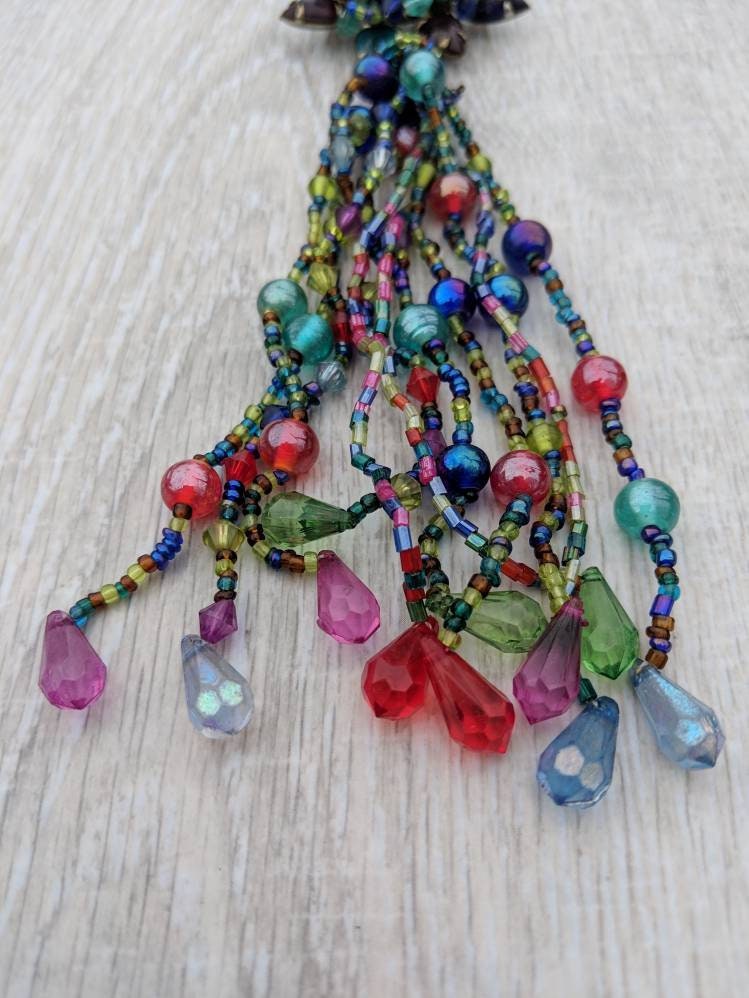 Large Rainbow Colored Rhinestone and Bead Starburst Tassel Dangle ...