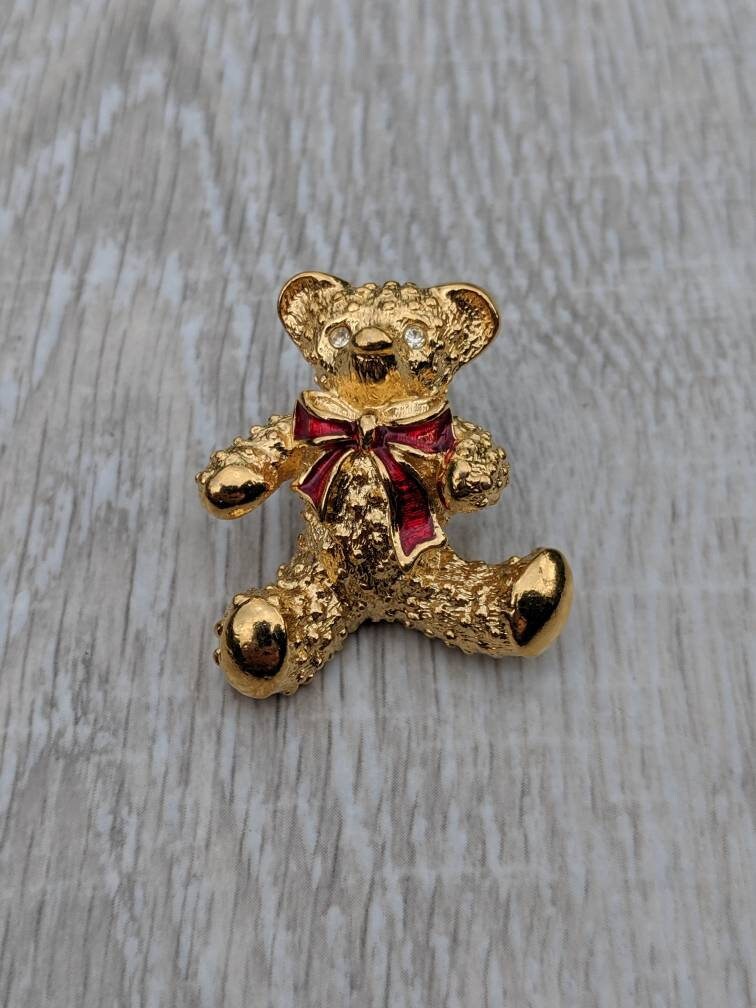 1989 Avon Textured Gold Tone Teddy Bear With a Brght Red | Etsy