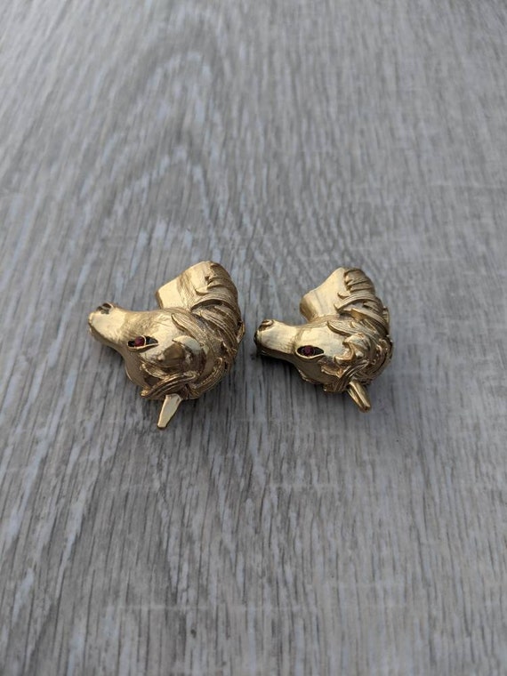 Pair of Satin Finish Gold Tone Metal and Ruby Red Rhi… - Gem