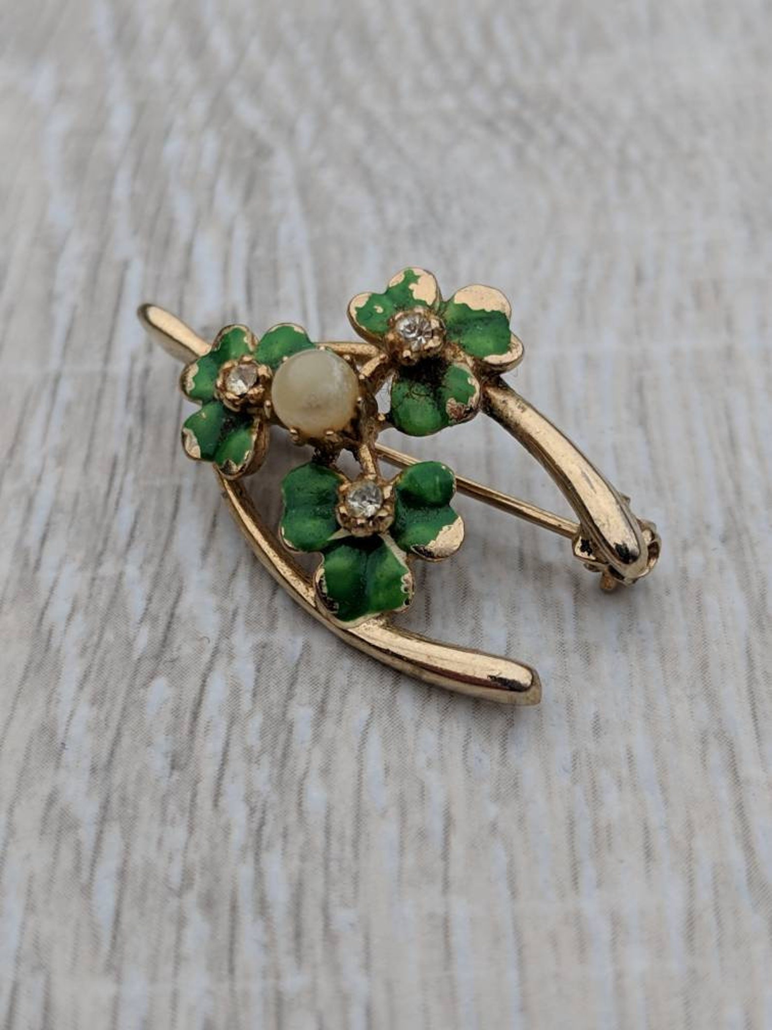 Gold Tone Wishbone With Enamel and Rhinestone Sharmrocks and - Etsy