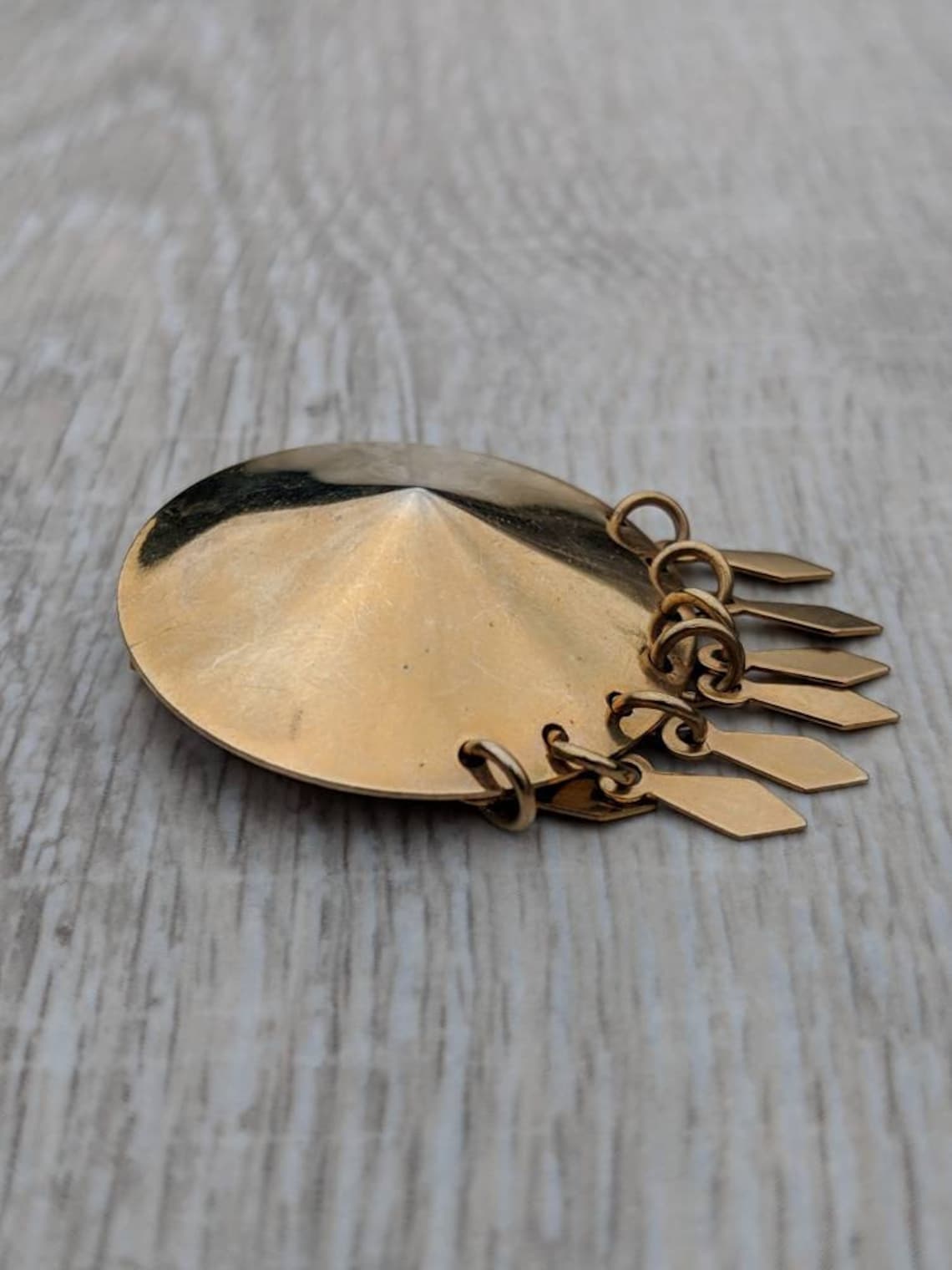 Gold Tone Shallow Cone with Sword Shaped Fringe Dangle Brooch | Etsy
