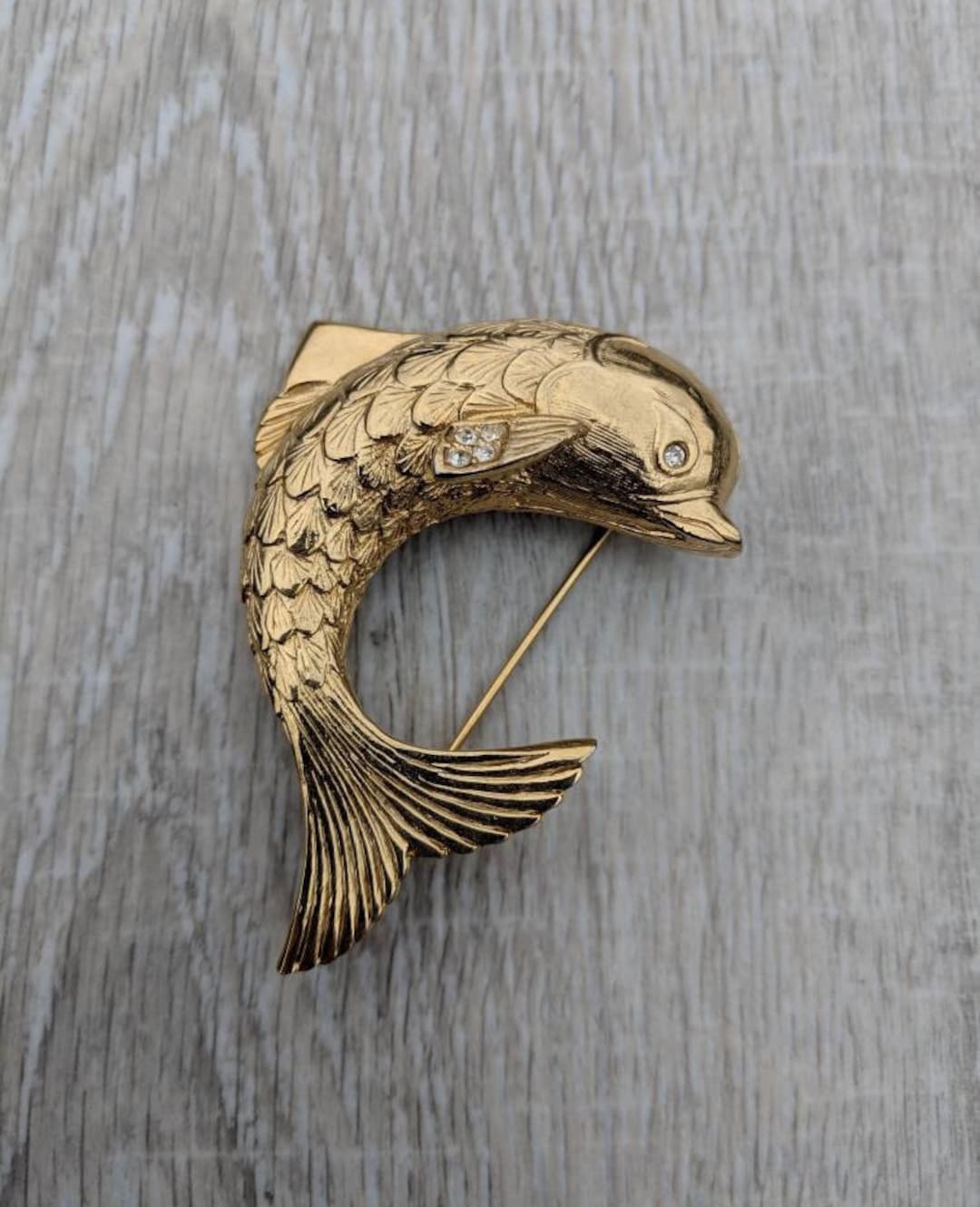 Rhinestone and Gold Tone Leaping Fish Brooch - Etsy