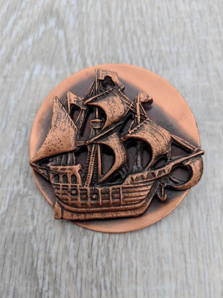 Copper Disc Brooch With Raised Full-rigged Ship Brooch | Etsy