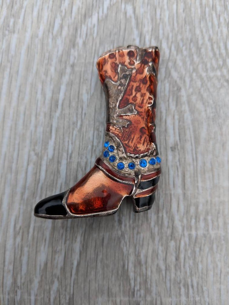 Brown and Black Enamel and Blue Rhinestone Cowboy Boot Brooch - Etsy