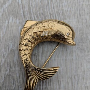 Rhinestone and Gold Tone Leaping Fish Brooch - Etsy