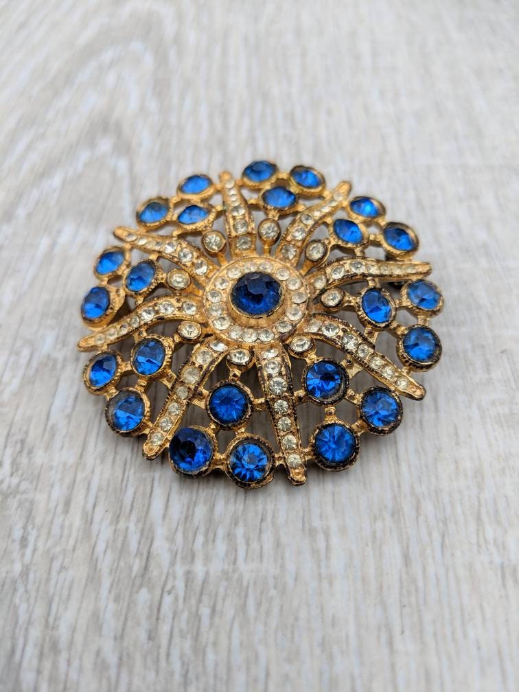 1930s Large Royal Blue and Clear Rhinestone and Gold Tone | Etsy