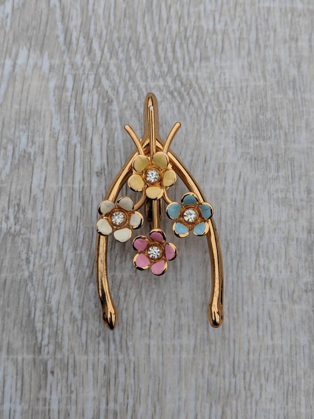 Gold Tone Wishbone With Pastel Enamel and Rhinestone Flowers Brooch - Etsy