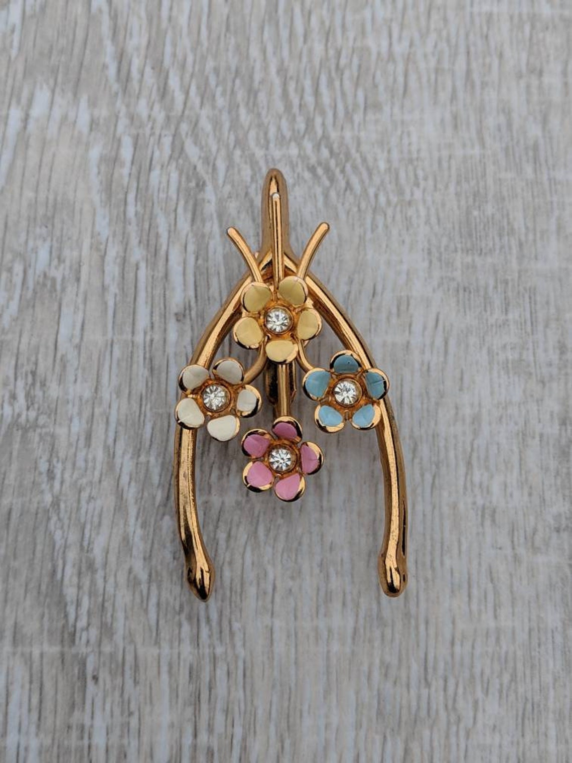 Gold Tone Wishbone With Pastel Enamel and Rhinestone Flowers - Etsy