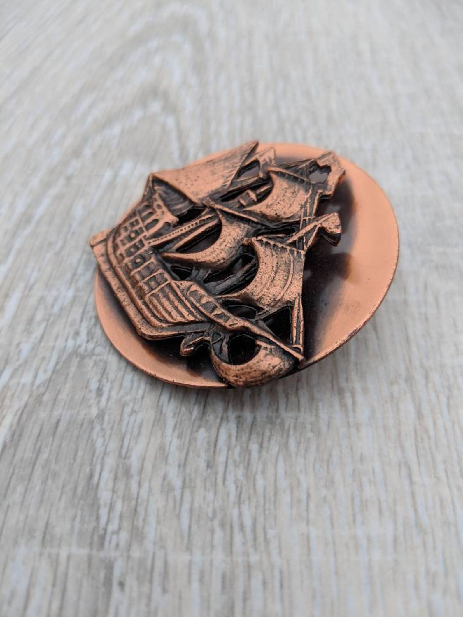 Copper Disc Brooch With Raised Full-rigged Ship Brooch - Etsy