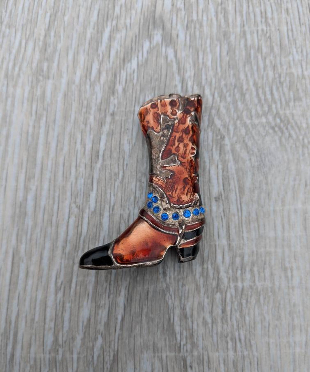 Brown and Black Enamel and Blue Rhinestone Cowboy Boot Brooch - Etsy