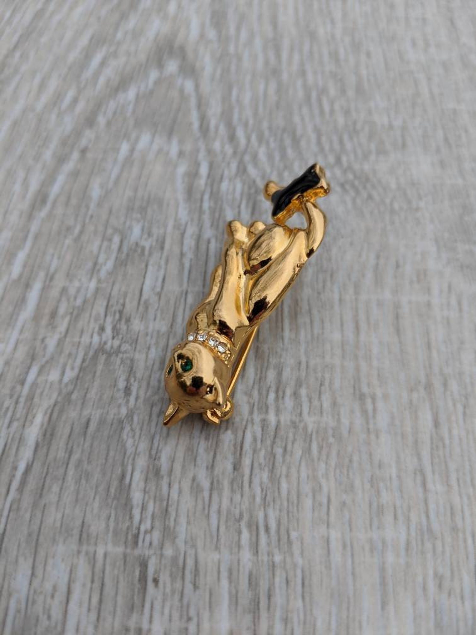 Gold Tone Metal Glossy Black Enamel and Clear and Emerald | Etsy