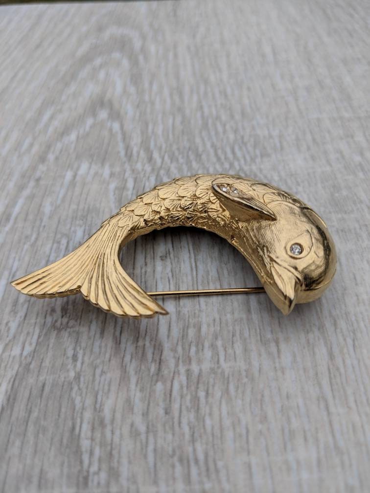 Rhinestone and Gold Tone Leaping Fish Brooch | Etsy