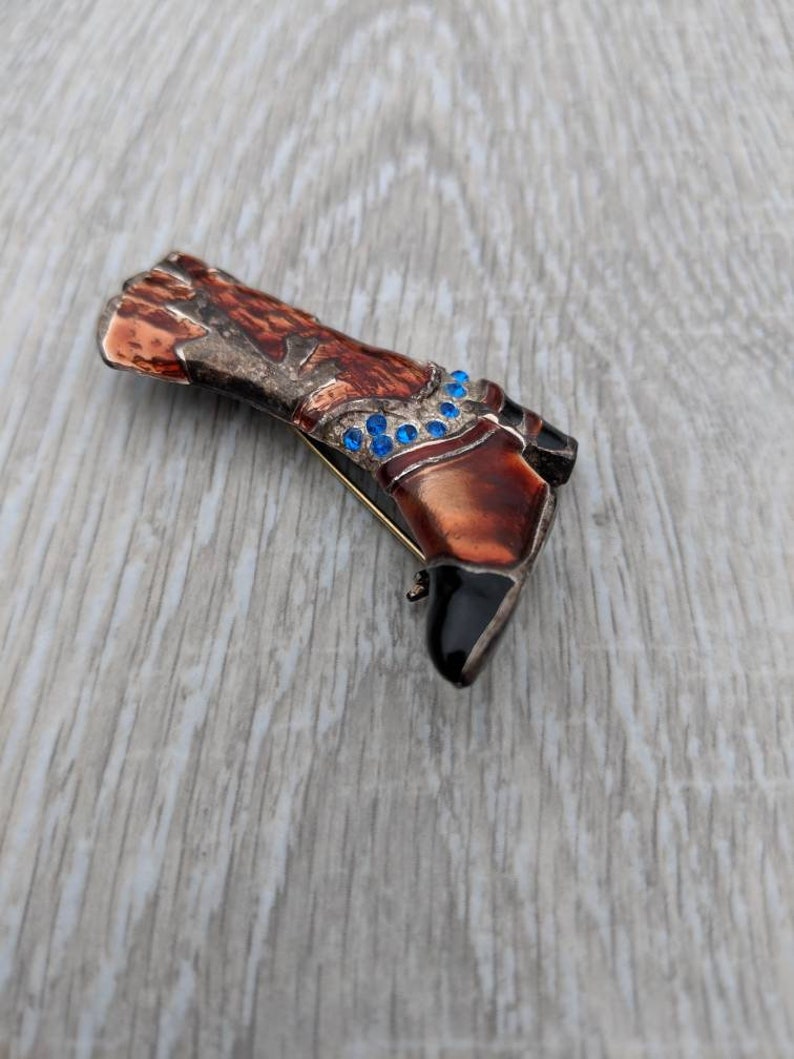 Brown and Black Enamel and Blue Rhinestone Cowboy Boot Brooch - Etsy
