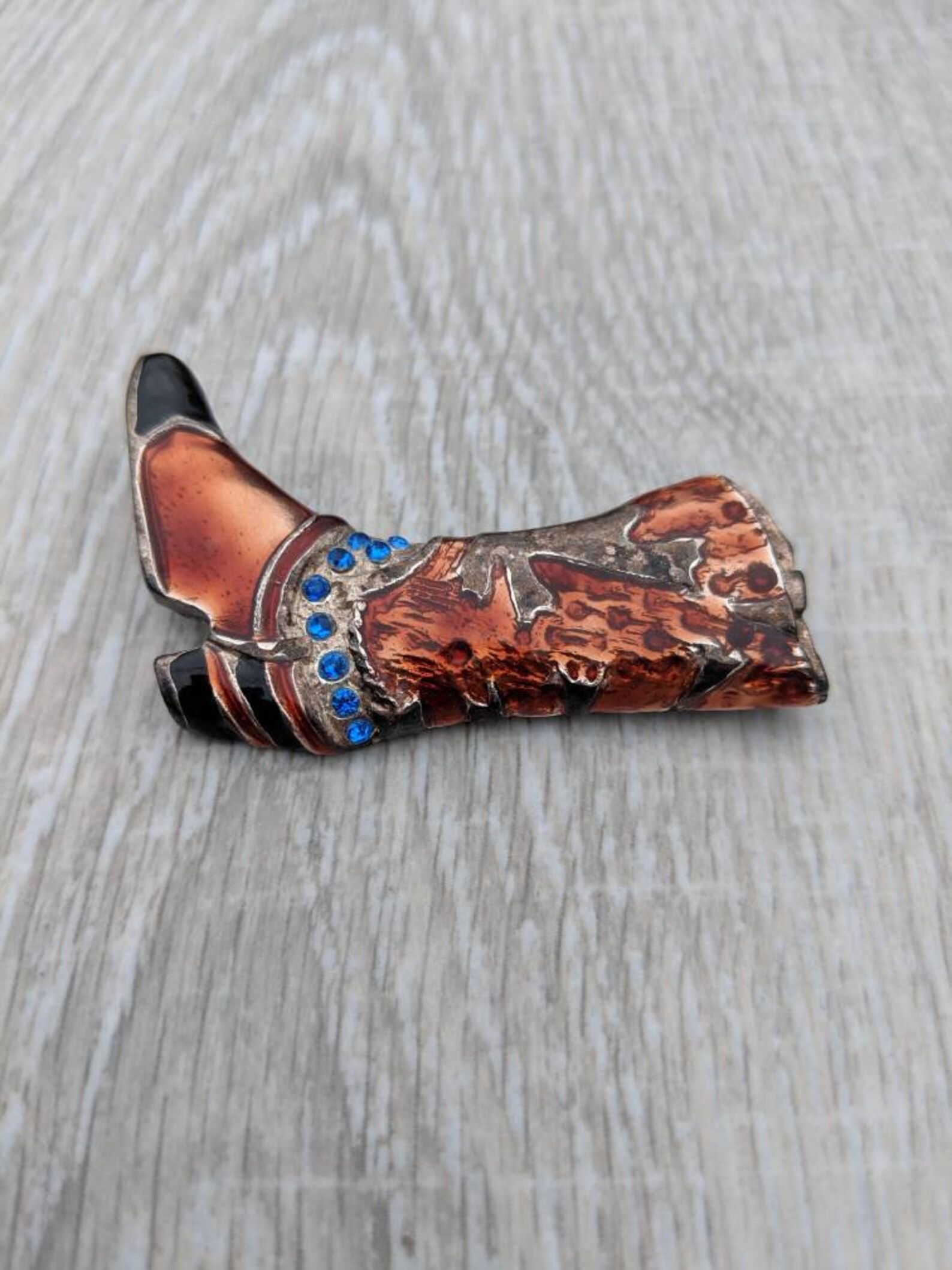 Brown and Black Enamel and Blue Rhinestone Cowboy Boot Brooch - Etsy