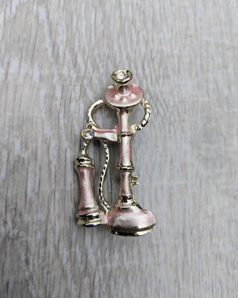 Pink Enamel and Rhinestone Candlestick Telephone Brooch - Etsy