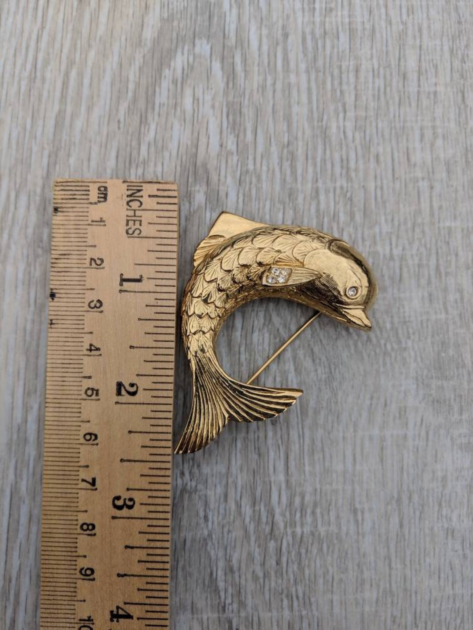 Rhinestone and Gold Tone Leaping Fish Brooch | Etsy